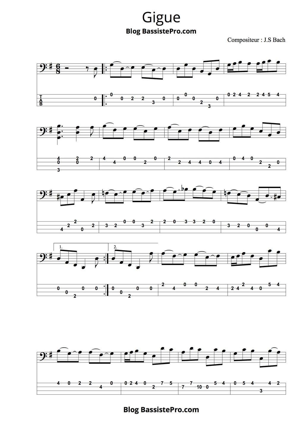 Gigue de J-S Bach [Partition+Tabs] Cours de basse N°1